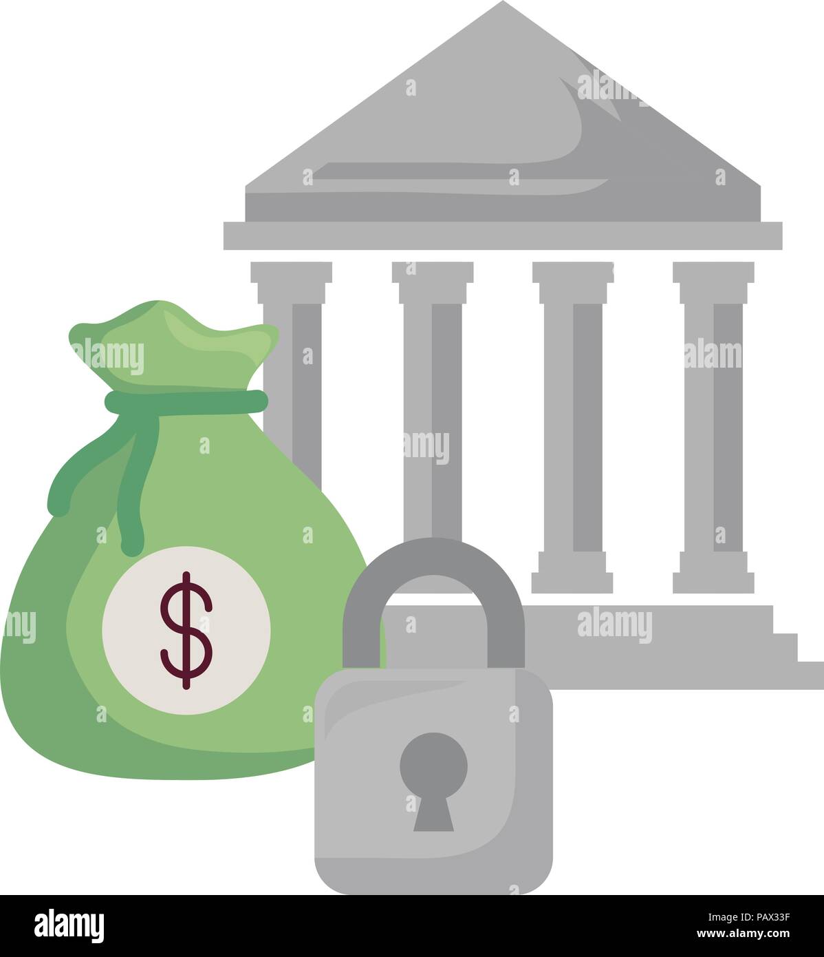 bank building with padlock and money sack icon over white background ...