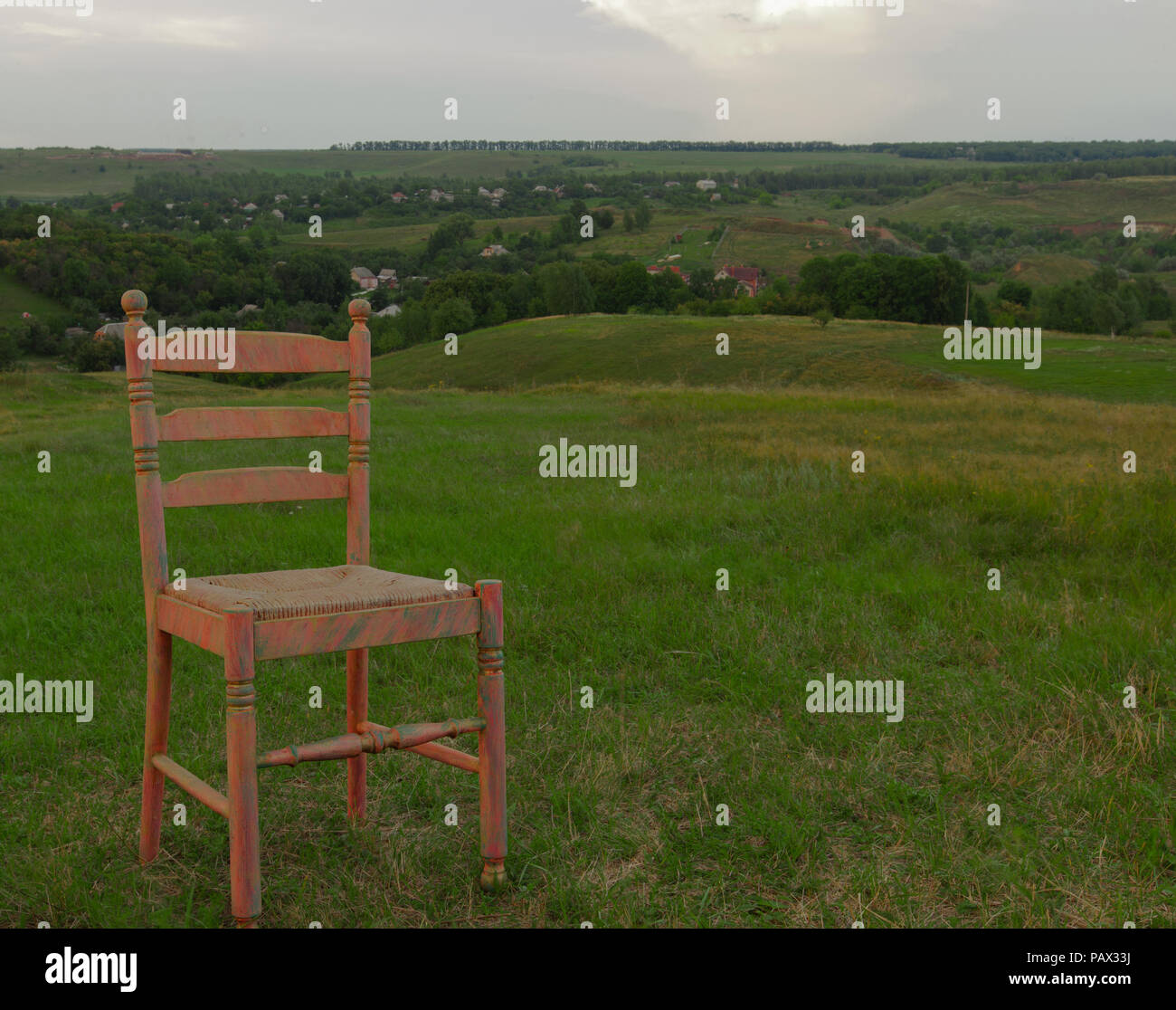 chair on green grass cloudy sky in summer background village Stock ...