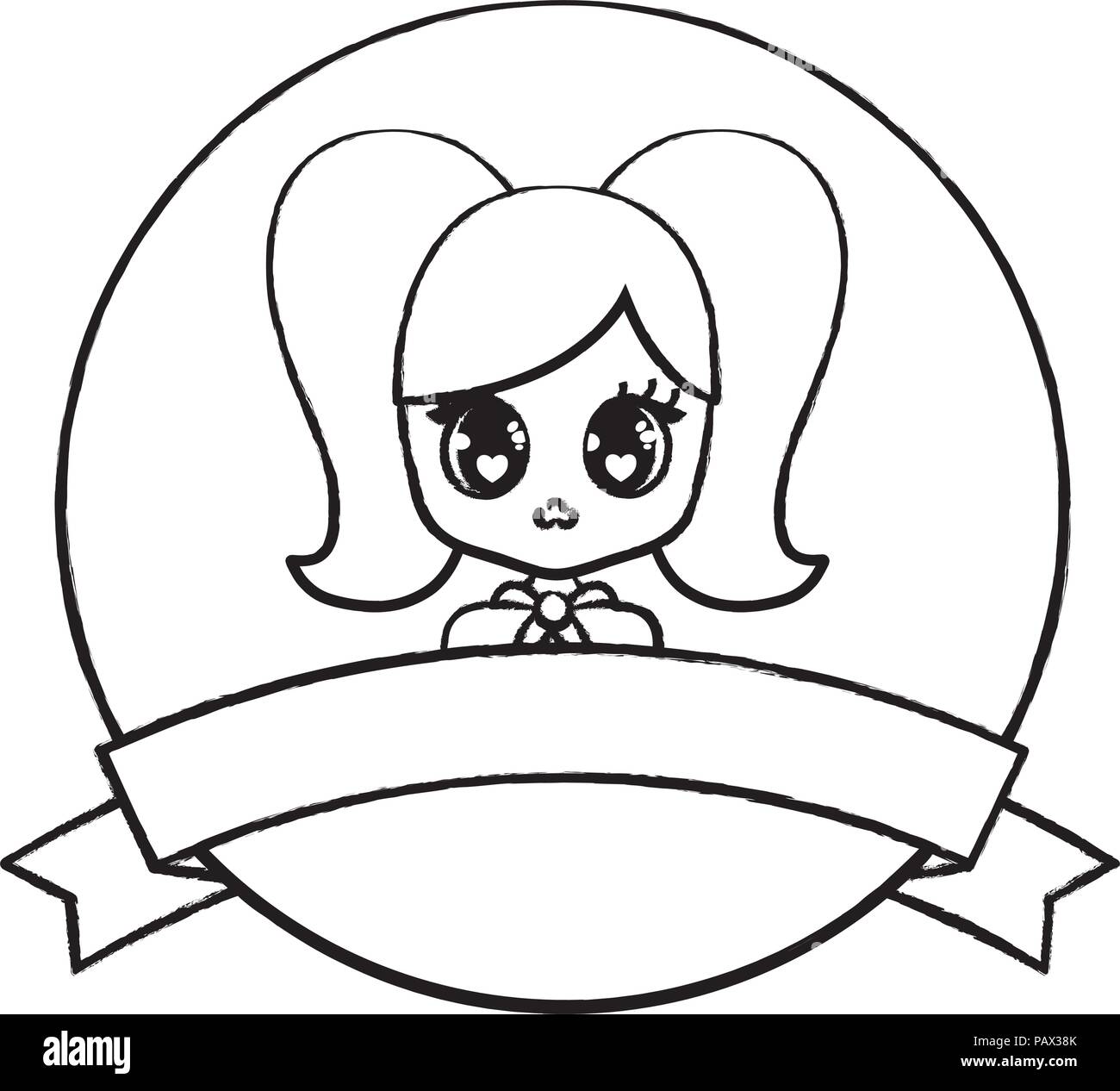 emblem with cute asian girl icon and decorative ribbon over white ...