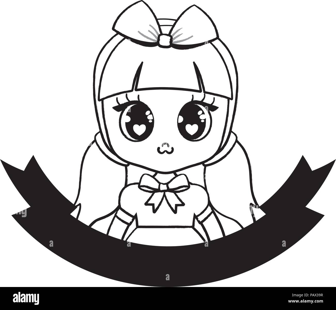 emblem with cute asian girl icon and decorative ribbon over white ...