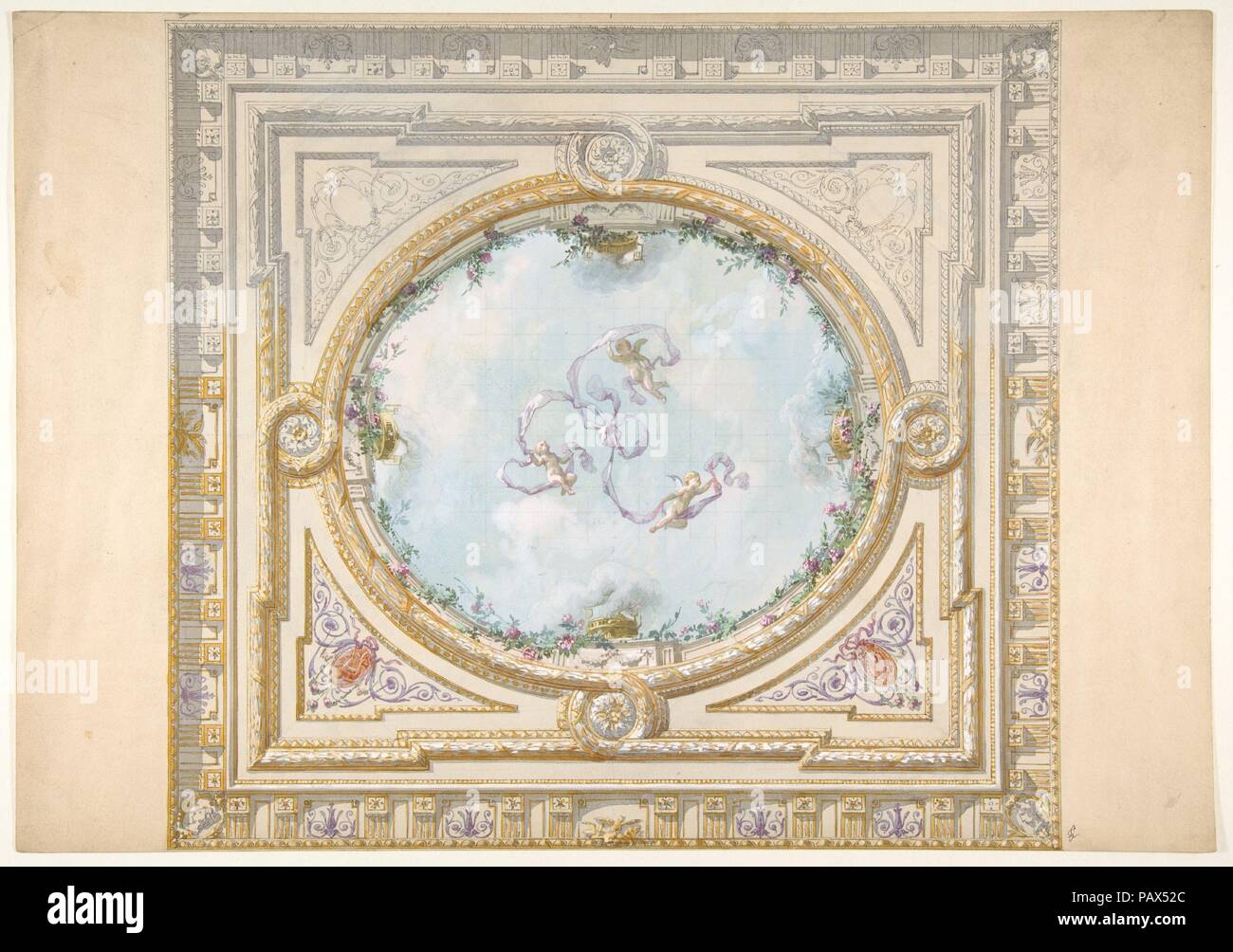Design for a ceiling in rococo style with a trompe l'oeil oculus ...