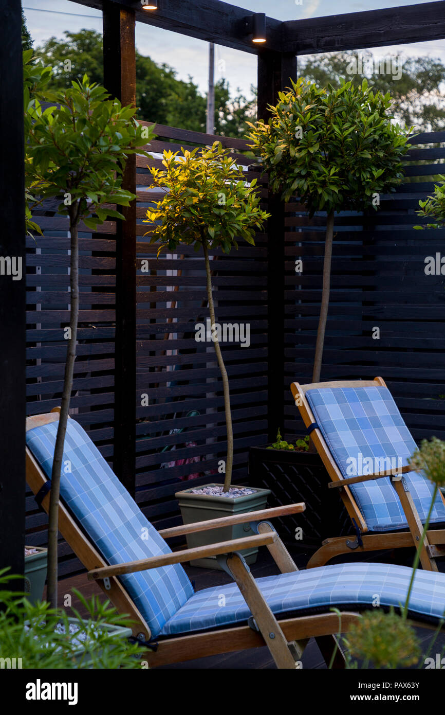 Cube pergola with downlighting on seating area and potted Bay tree ...