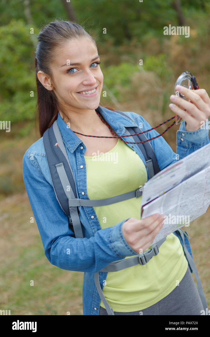 young female hiker using a compass Stock Photo - Alamy