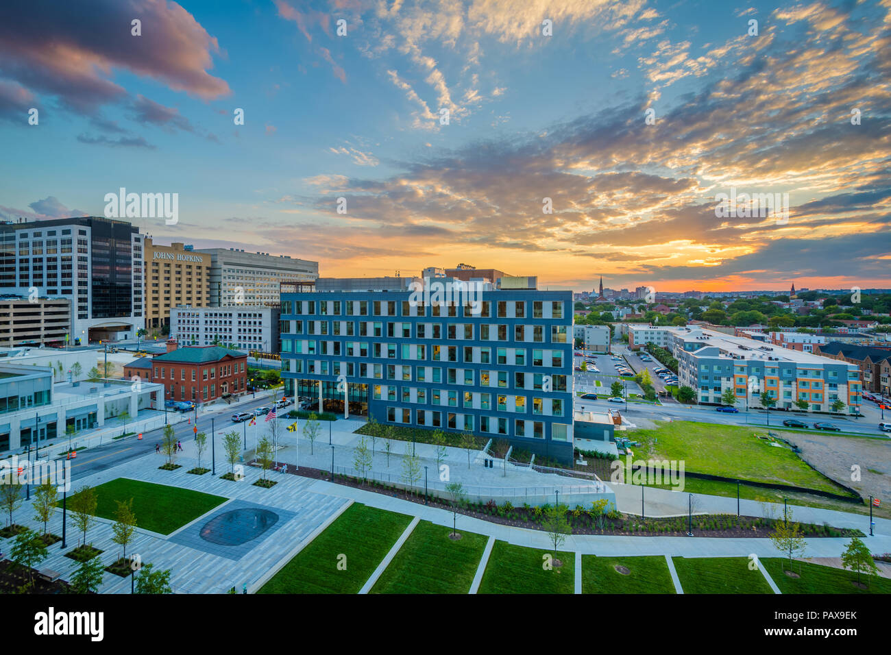 Eager Park and Johns Hopkins Hospital at sunset, in Baltimore, Maryland ...