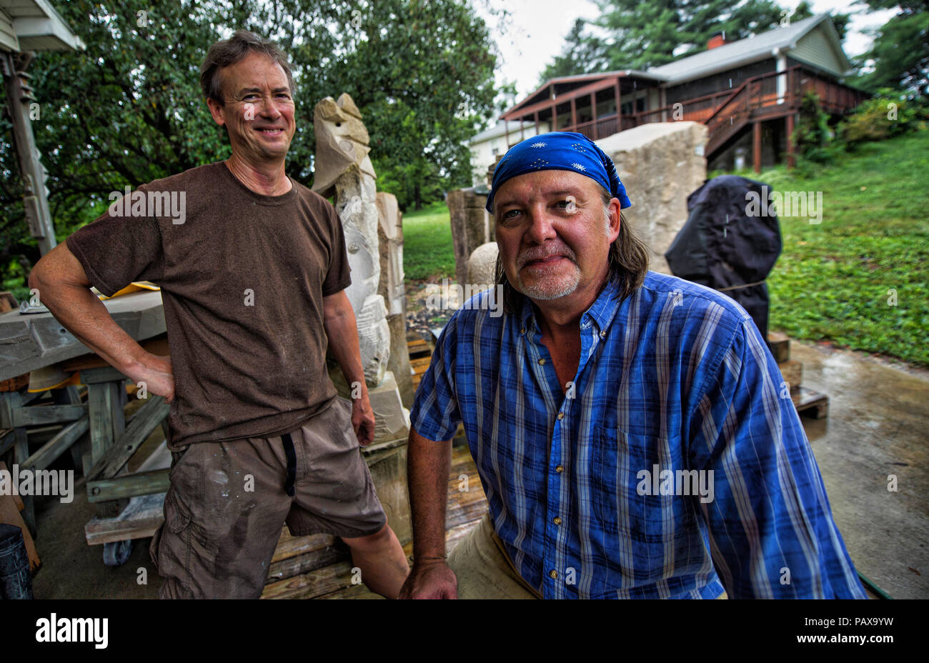 UNITED STATES: July 24, 2018: Sculptor Gary Colson (R) and painter ...