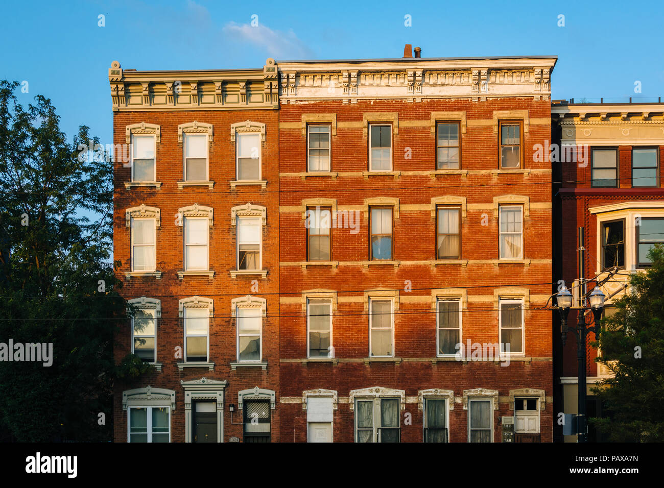 Historic brick buildings along Race Street in Over-The-Rhine ...