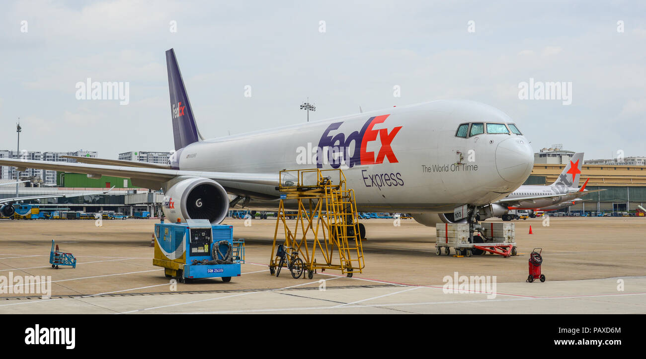 Saigon, Vietnam - Jul 23, 2018. A Boeing 767 airplane of FedEx docking ...