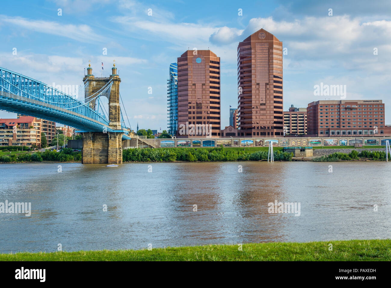 The Covington skyline and John A. Roebling Suspension Bridge, seen from ...