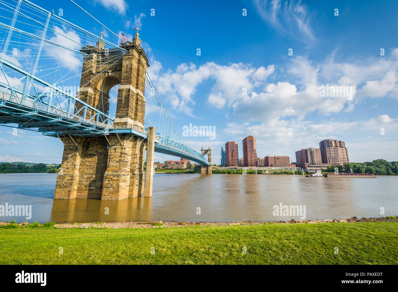 The Covington skyline and John A. Roebling Suspension Bridge, seen from ...