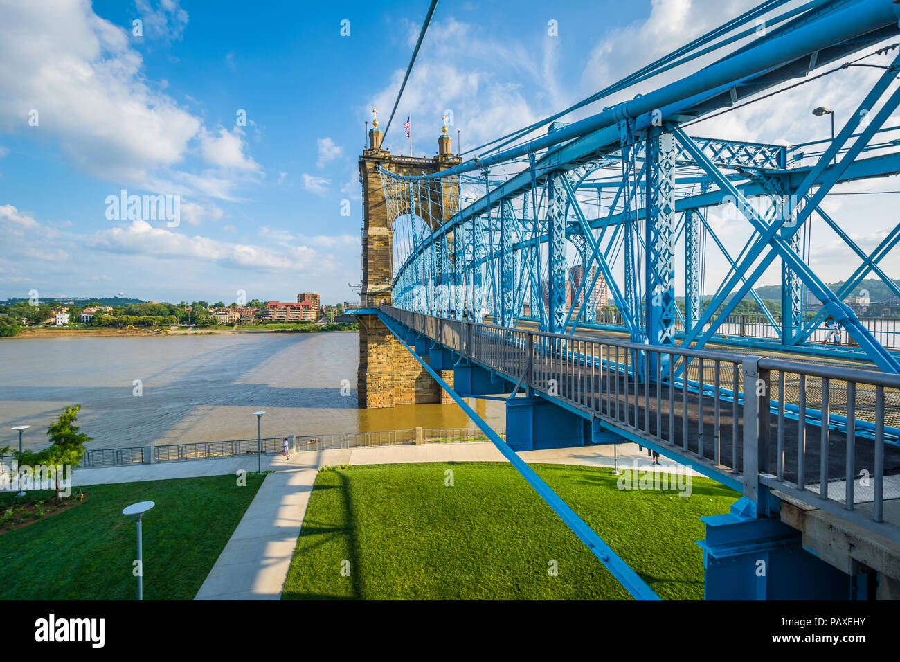 The John A. Roebling Suspension Bridge, seen from Smale Riverfront Park ...