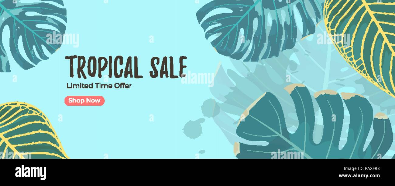 Tropical floral banner template with exotic plant leaves Stock Vector ...