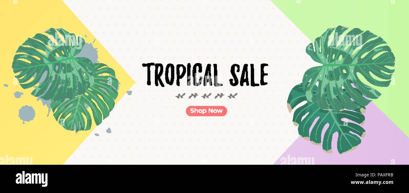 Summer tropical banner template with green palm leaves and copyspace ...