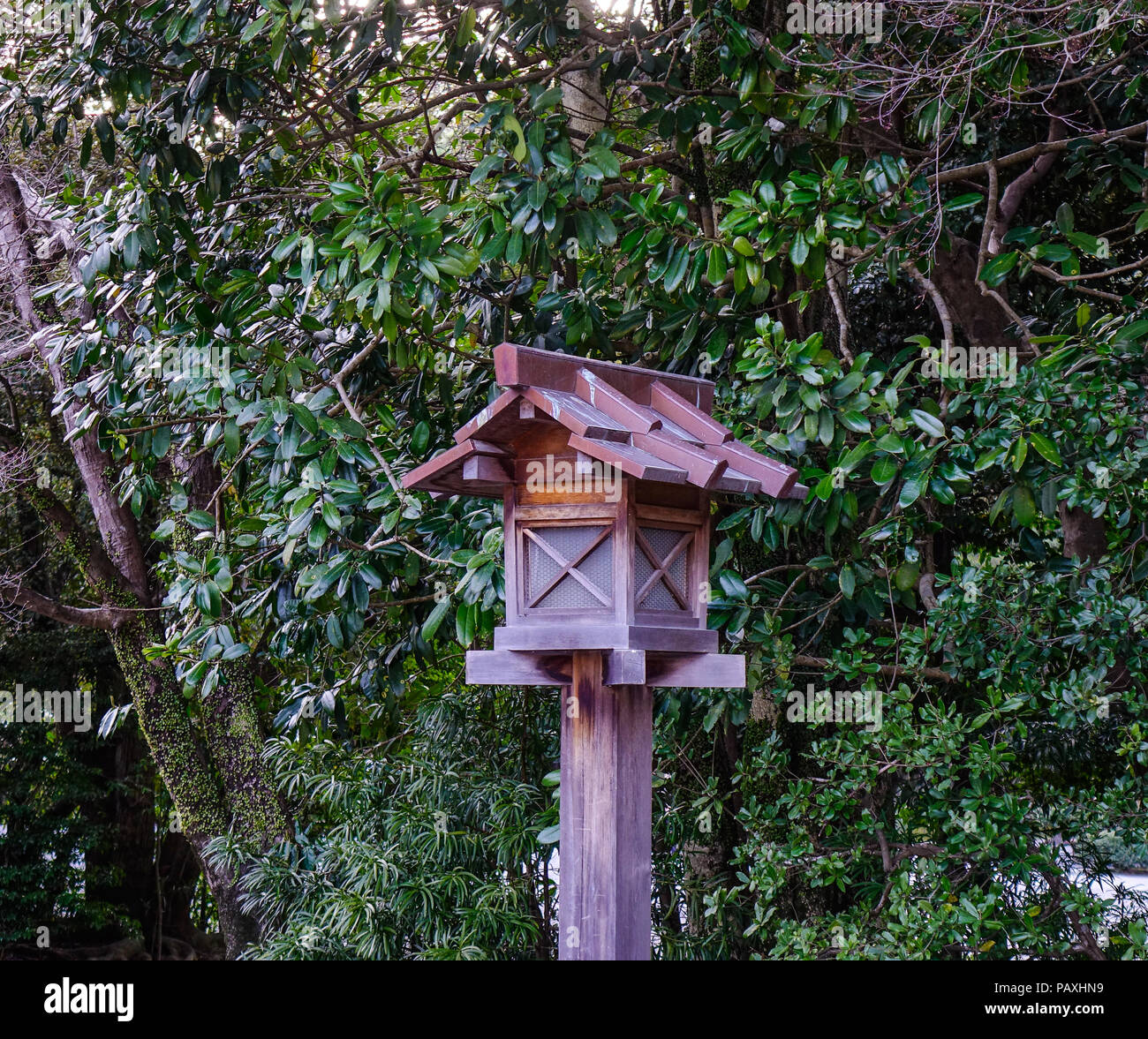 Wooden traditional Japanese lantern at the garden of Shinto Shrine ...
