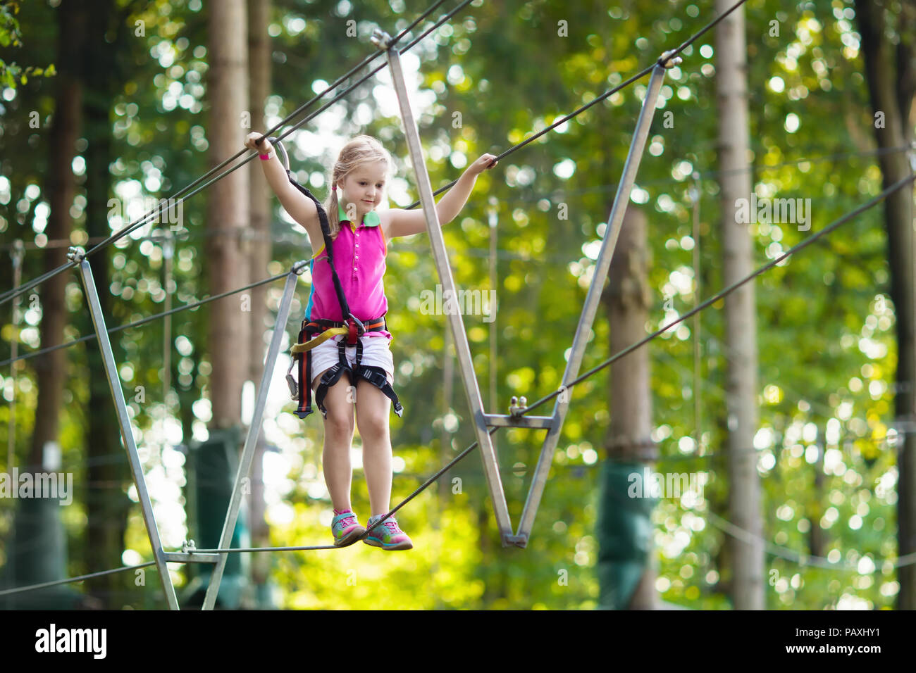 Child in forest adventure park. Kids climb on high rope trail. Agility ...