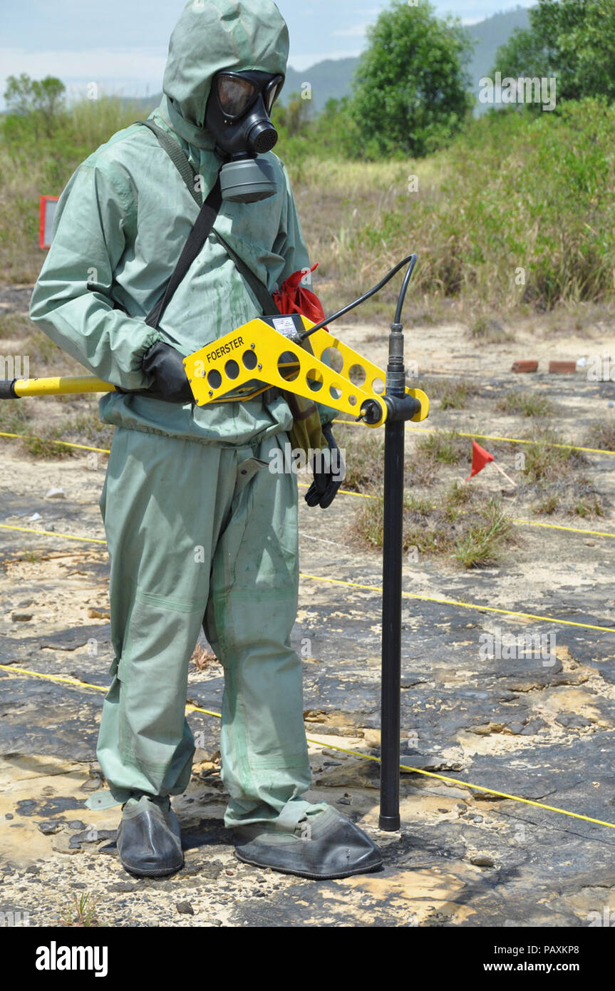A Vietnamese soldier demonstrates UXO detection and clearance in Danang ...