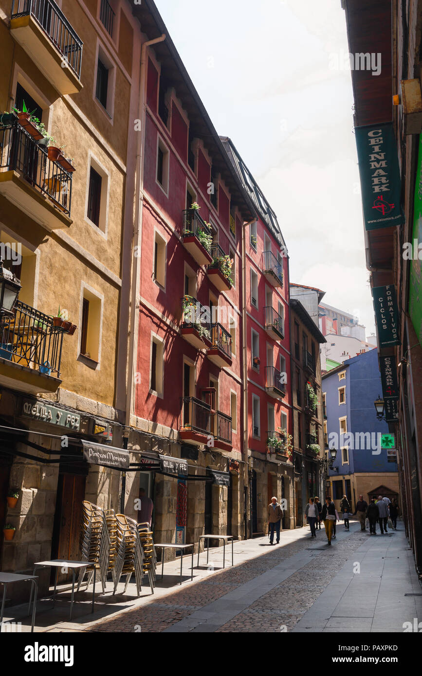 Bilbao street, view along a street in the center of the Casco Viejo ...