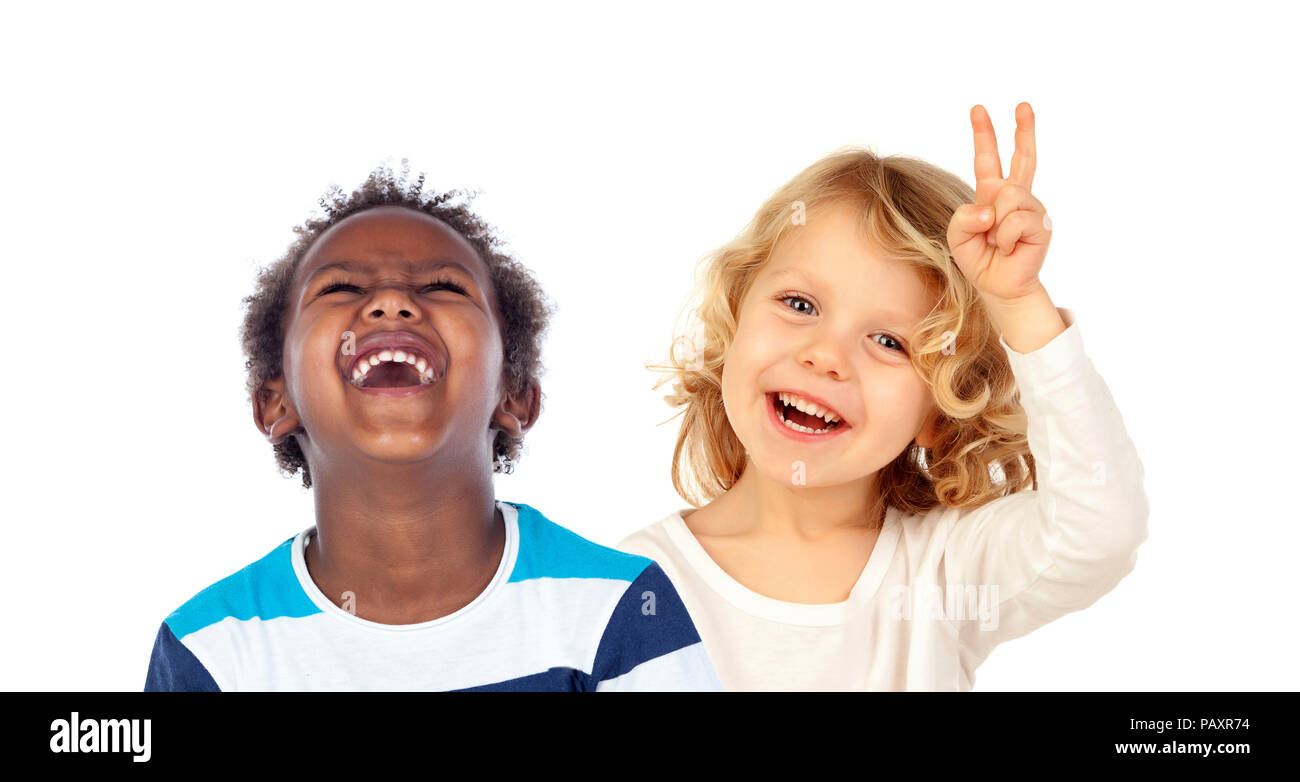 Couple of children doing jokes isolated on a white background Stock ...