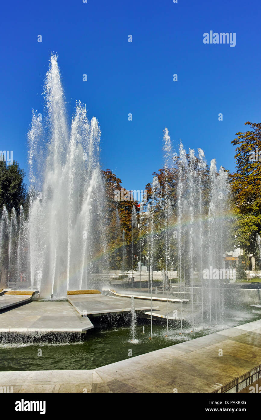 PLEVEN, BULGARIA - 20 SEPTEMBER 2015: Town hall and fountain in center ...