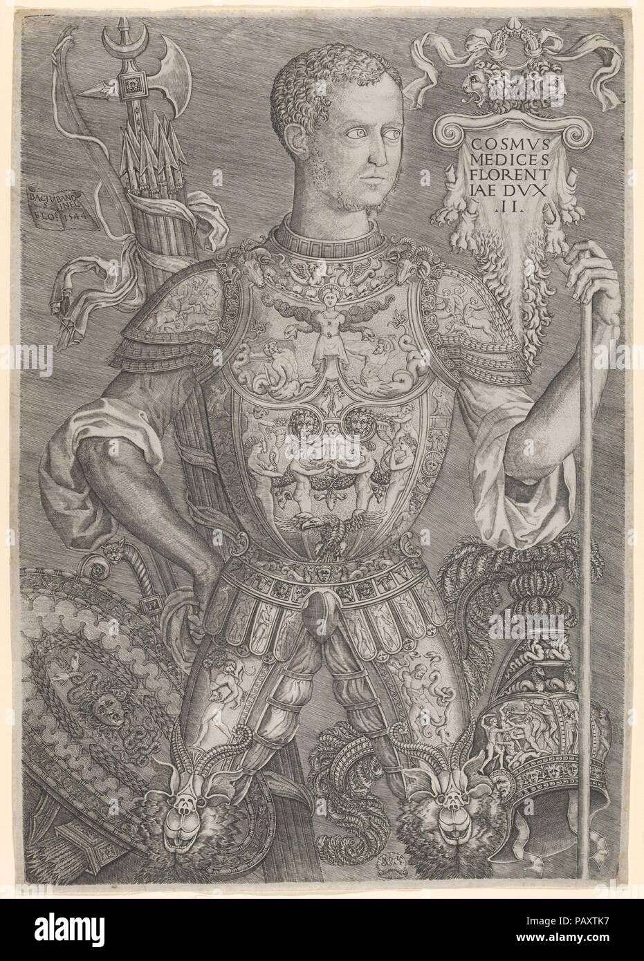 Portrait of Cosimo de' Medici in full armor, his left hand resting on a ...