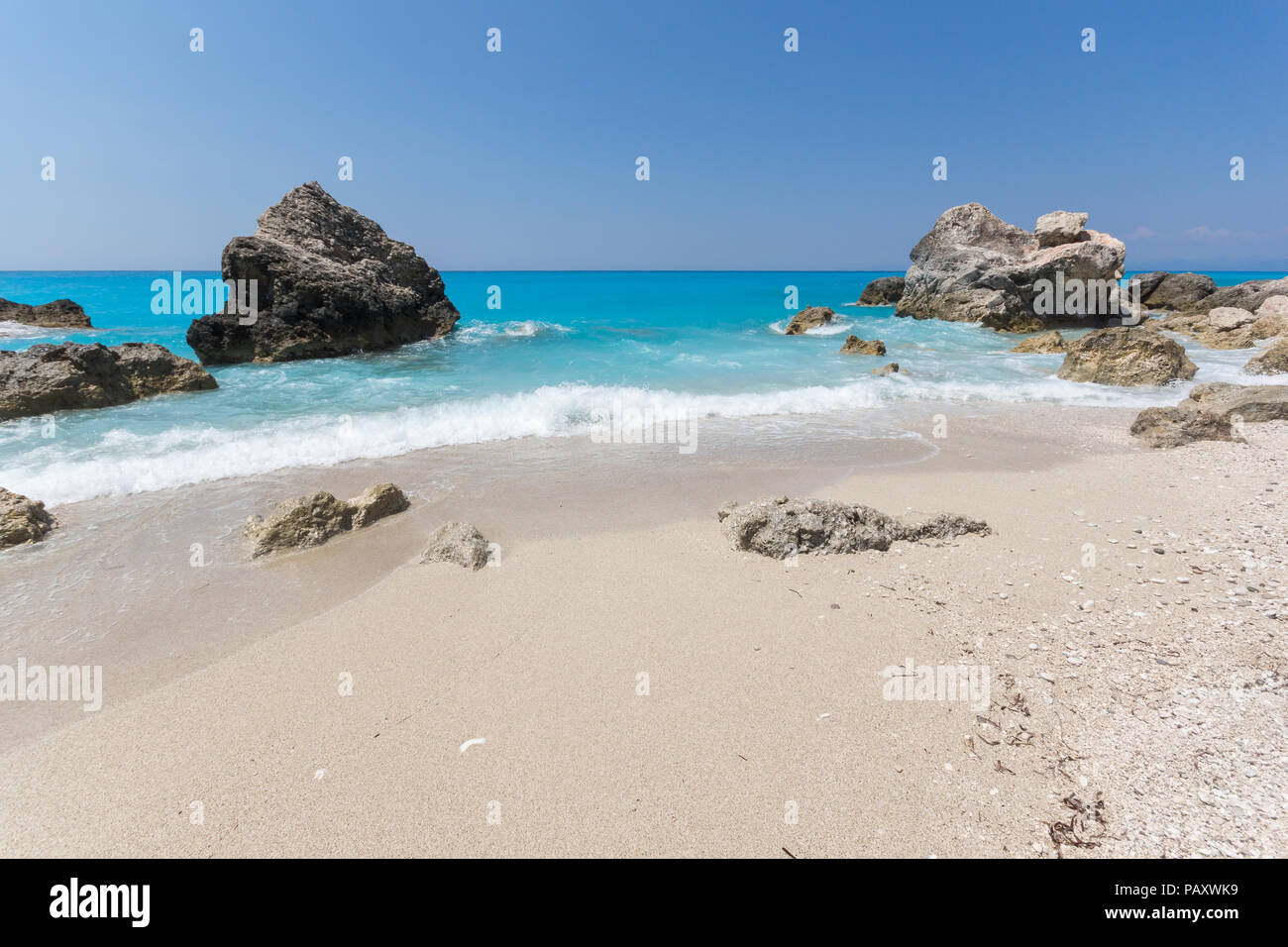 Amazing landscape of blue waters of Megali Petra Beach, Lefkada, Ionian ...