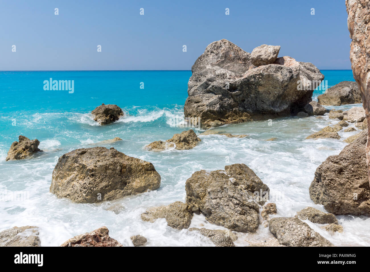 Amazing landscape of blue waters of Megali Petra Beach, Lefkada, Ionian ...