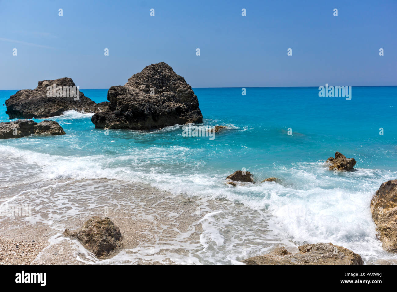 Amazing landscape of blue waters of Megali Petra Beach, Lefkada, Ionian ...