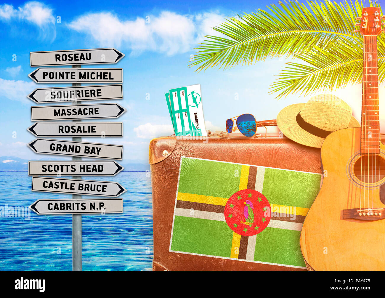 Concept of summer traveling with old suitcase and Dominica town sign ...