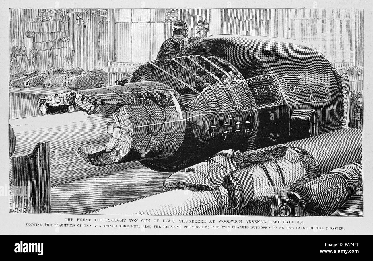 Engraving entitled "The burst thirty eight ton gun from HMS Thunderer ...