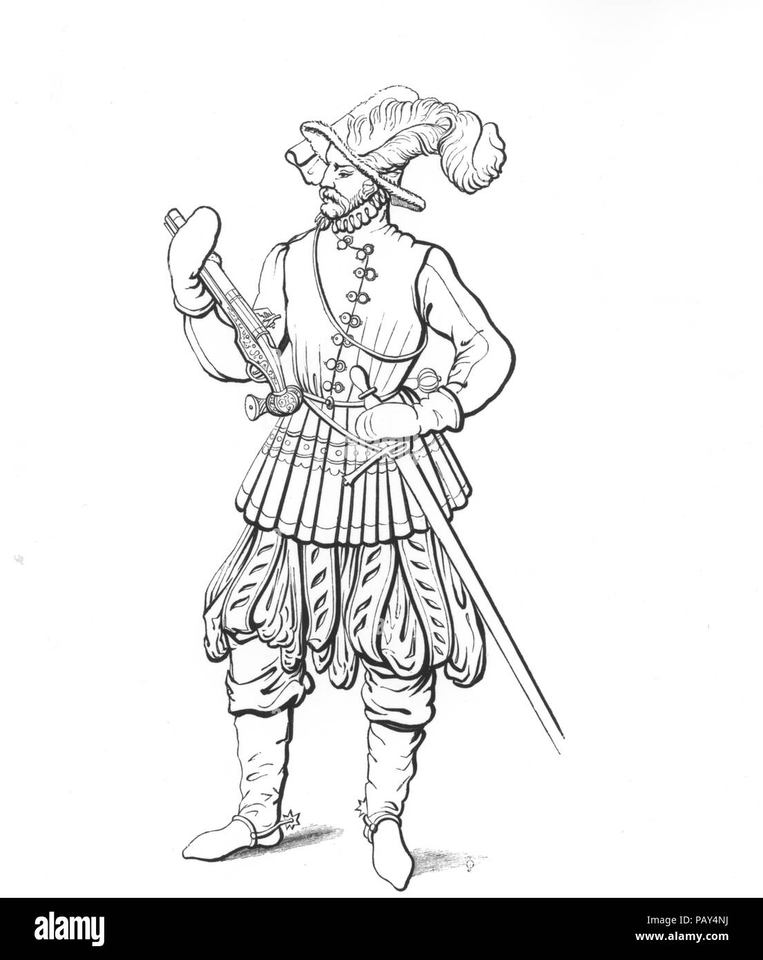 Drawing showing a horseman armed with sword and wheellock pistol ...