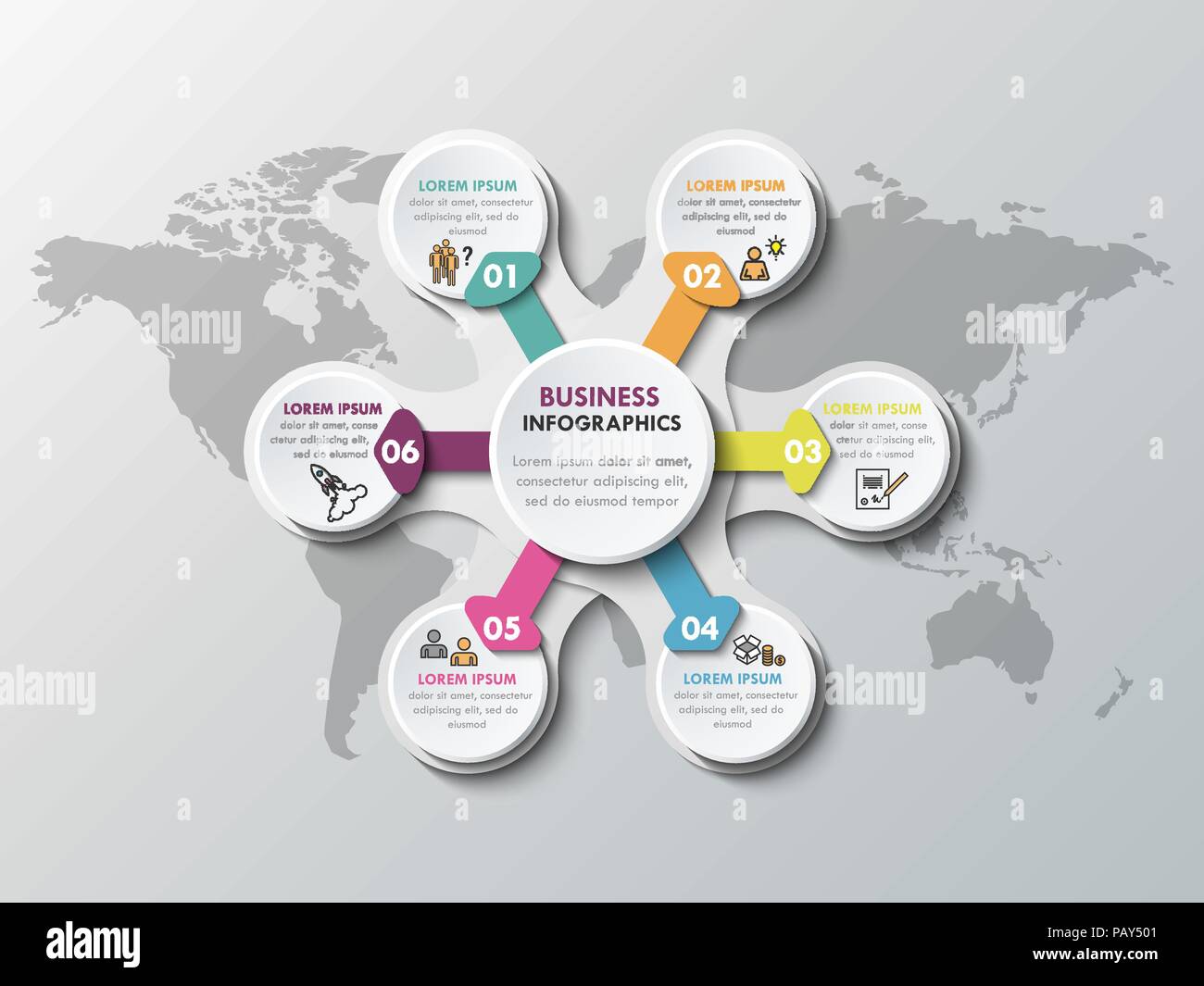 Modern abstract 3D infographic template with 6 steps. Business circle template with options for ...