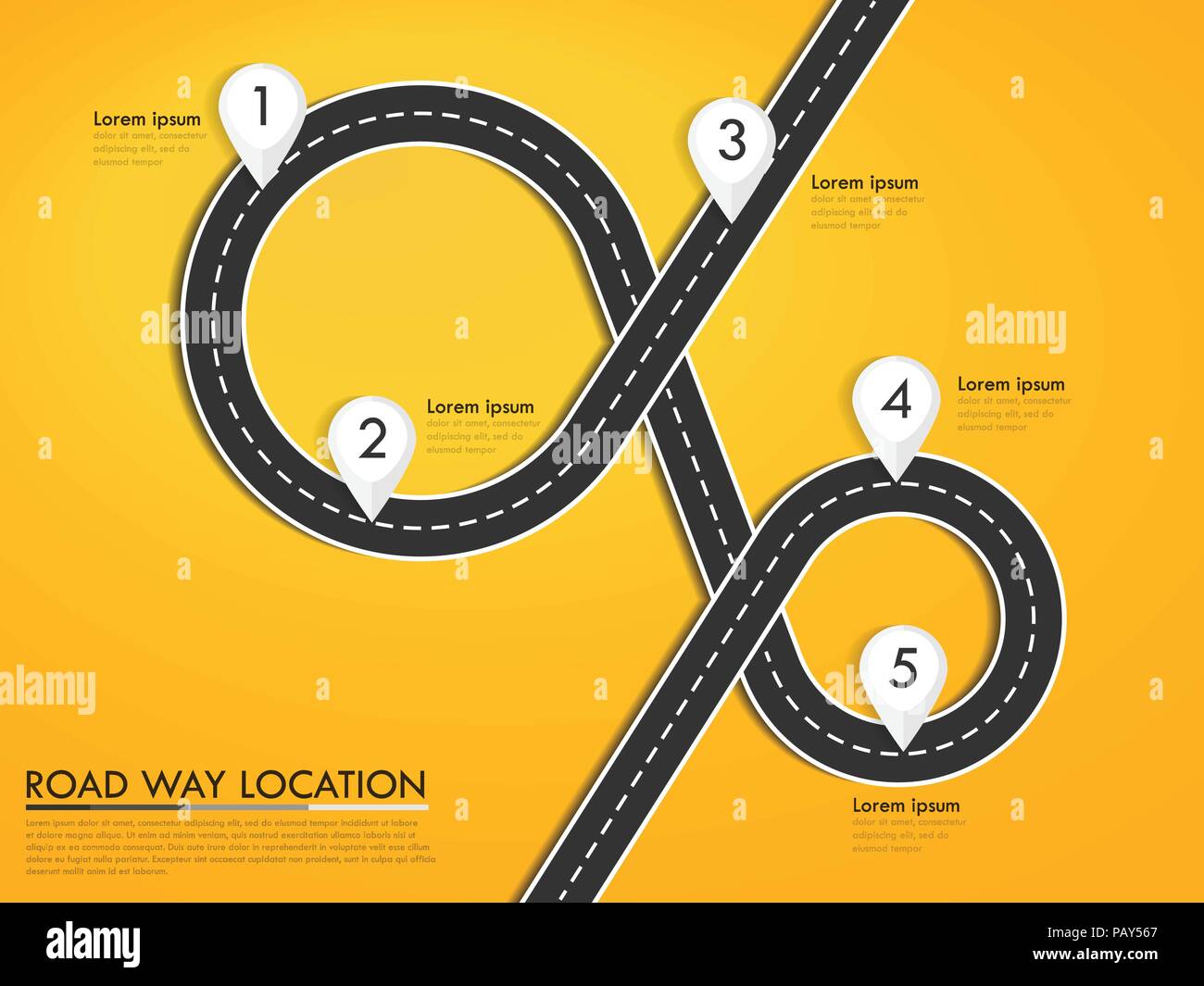 Road way location infographic template with pin pointer. Winding road ...