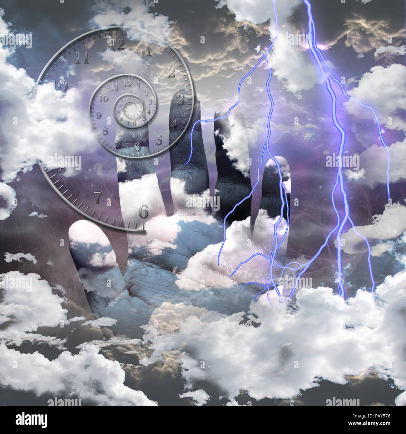 The power of time. Hand of God controls time spirals. 3D rendering ...