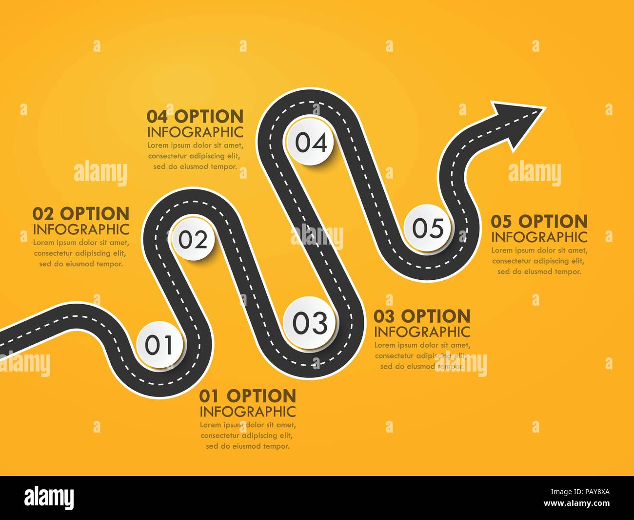 Road way location infographic template with a phased structure. Winding ...