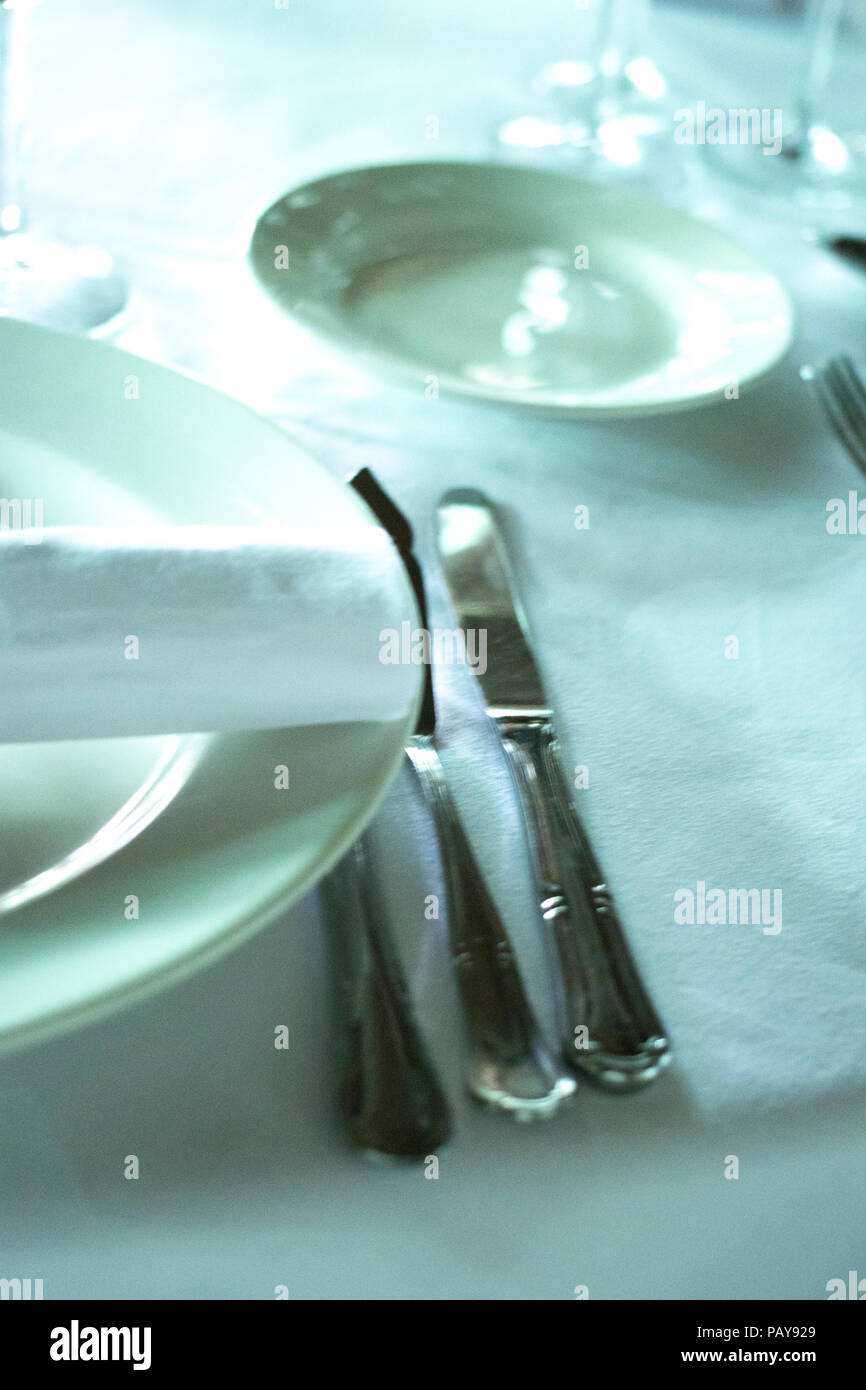 Wedding reception banquet dinner party table place settings set in ...