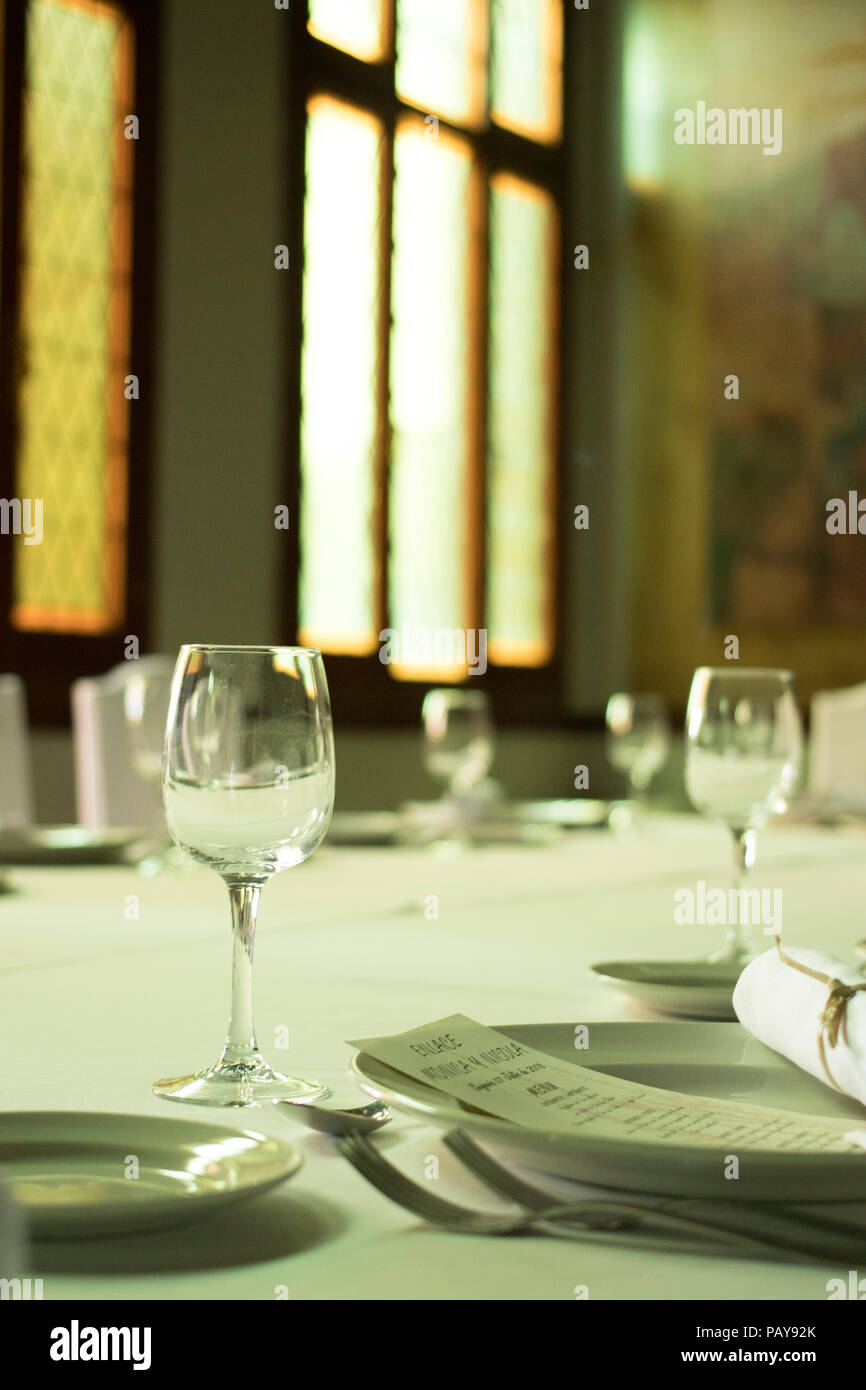 Wedding reception banquet dinner party table place settings set in ...