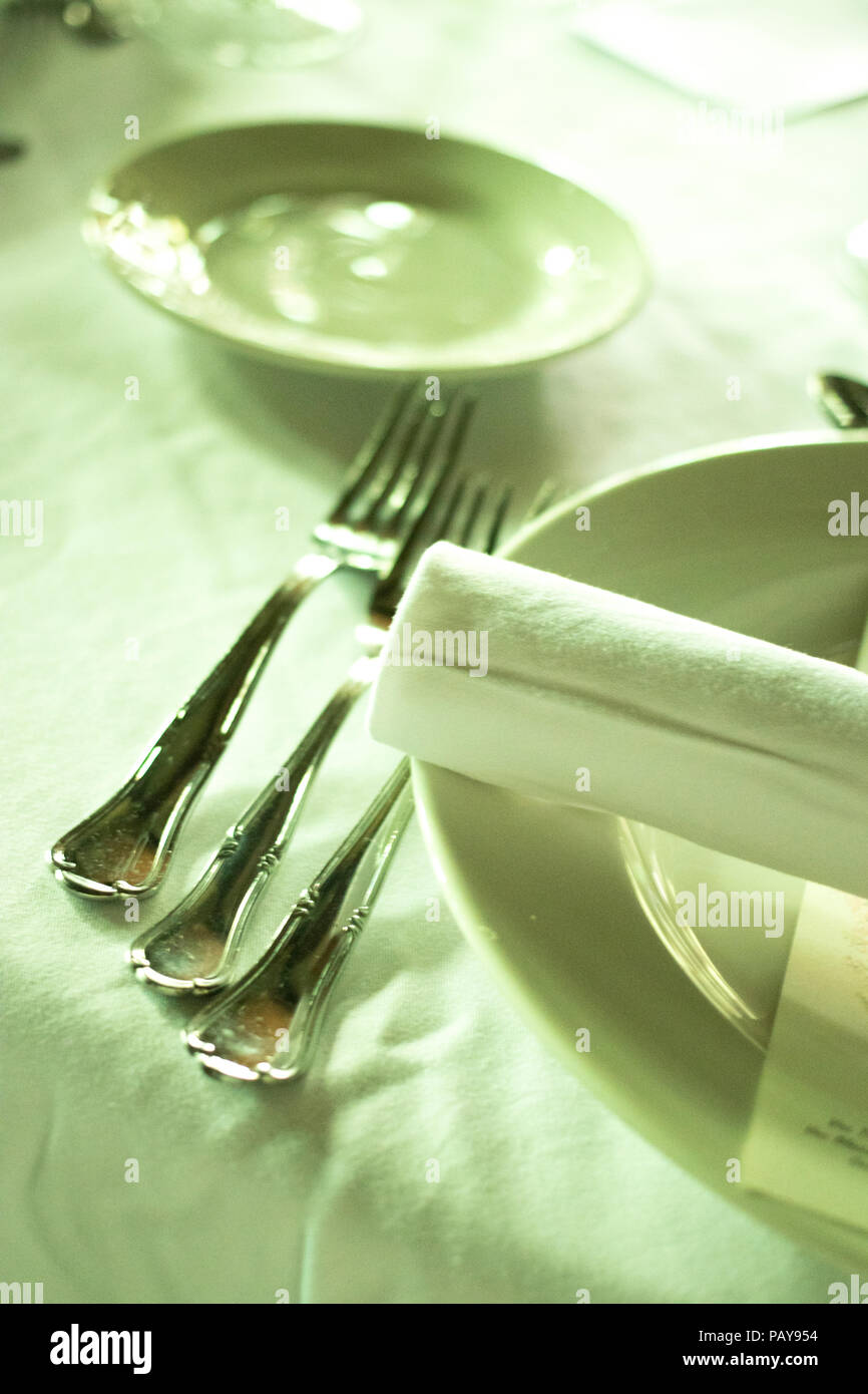Wedding reception banquet dinner party table place settings set in ...