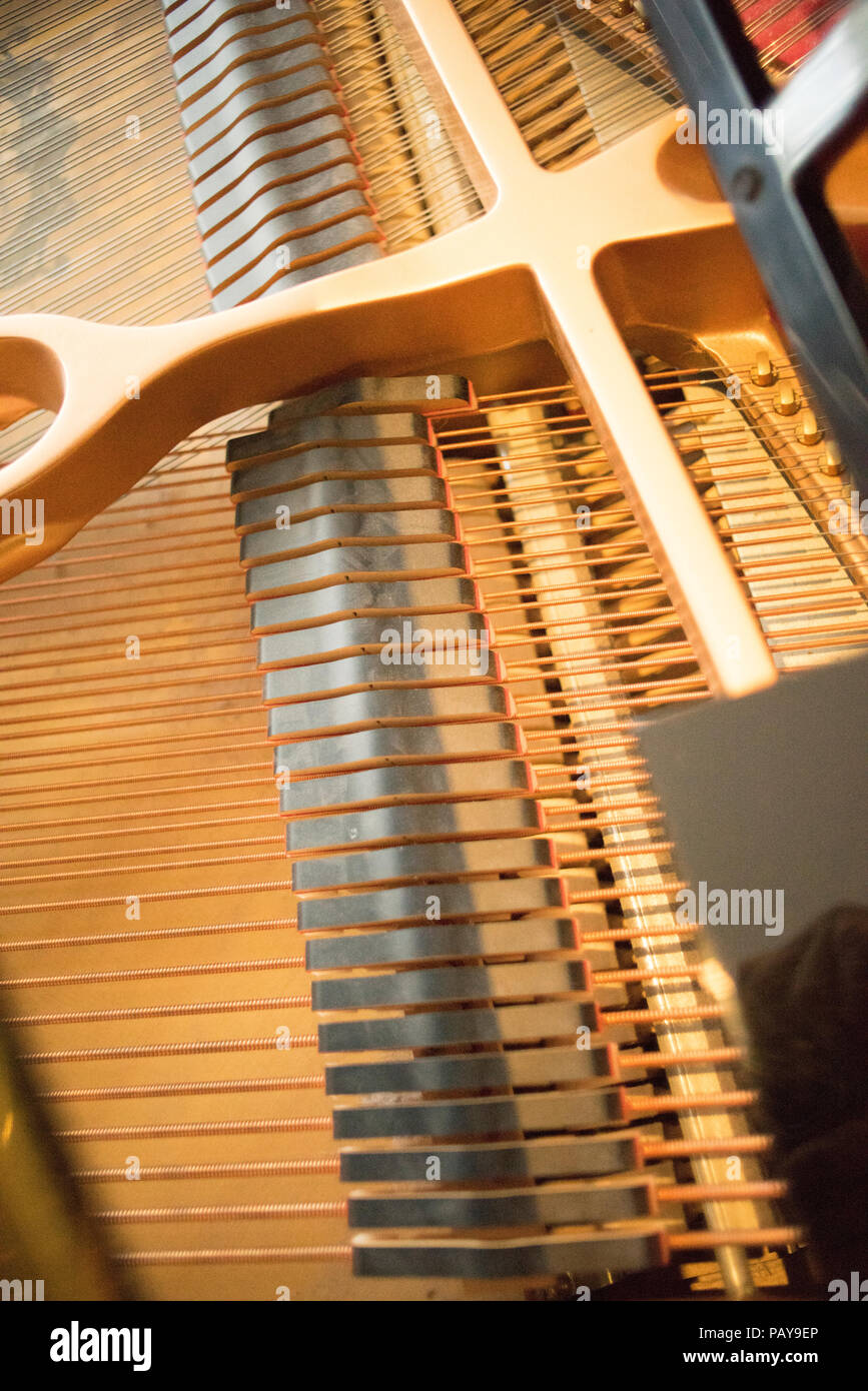 Concert hall grand piano strings ready for classical music performance ...