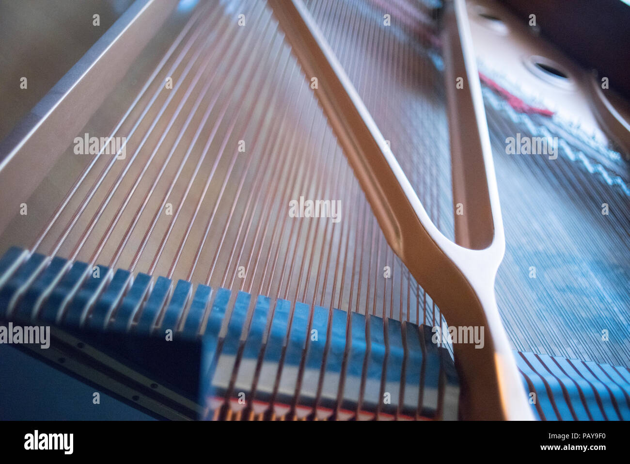 Concert hall grand piano strings ready for classical music performance ...