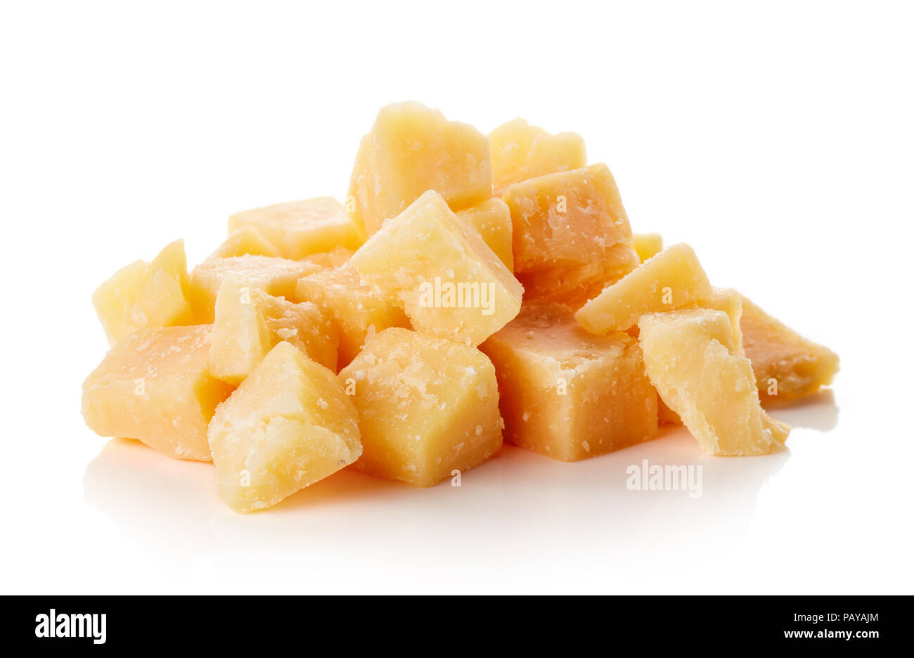 Heap of parmesan cheese cubes isolated on white background Stock Photo ...