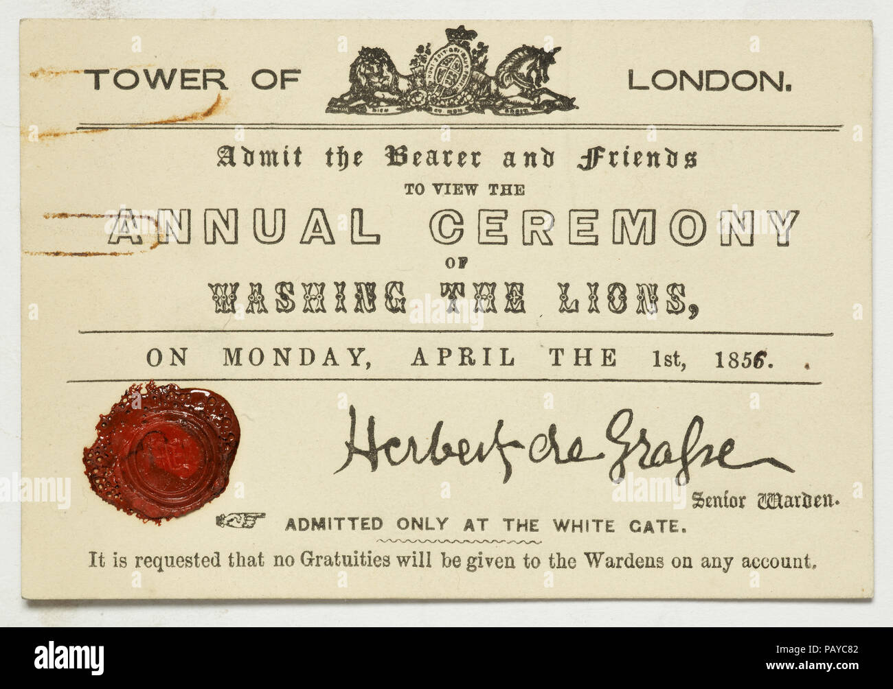 Ticket for the Annual Ceremony of Washing the Lions, dated April the ...