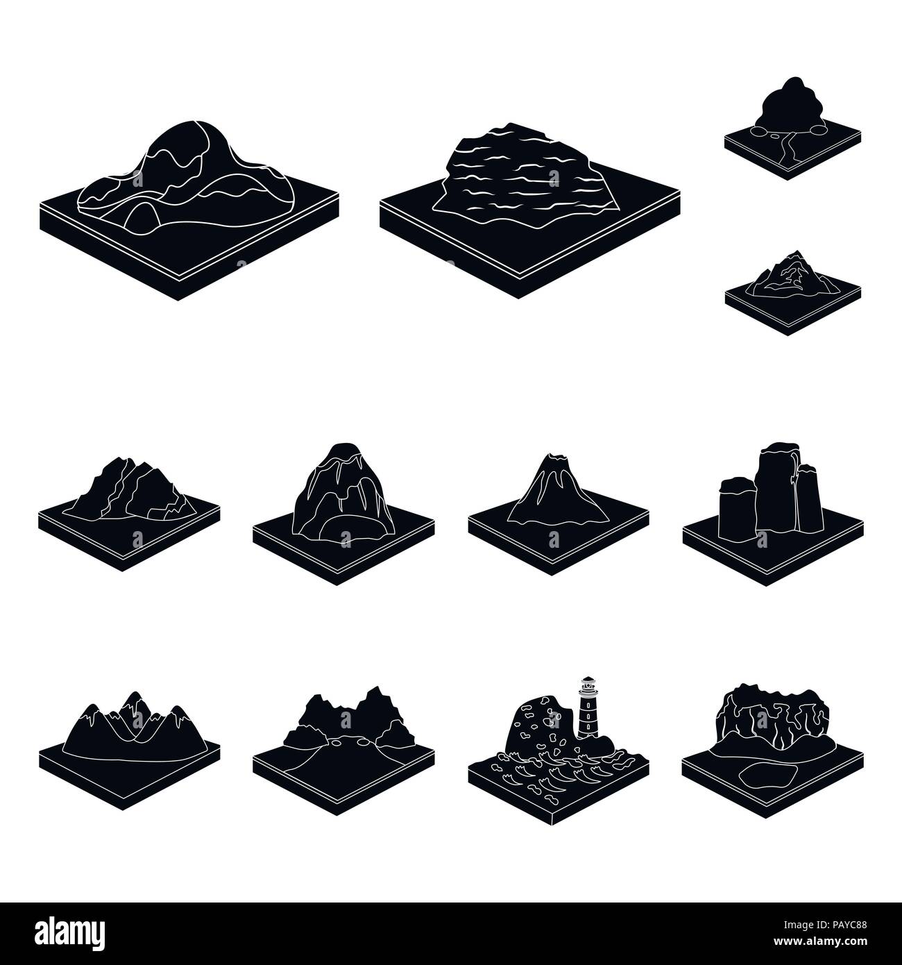 Mountains, massive black icons in set collection for design. The ...