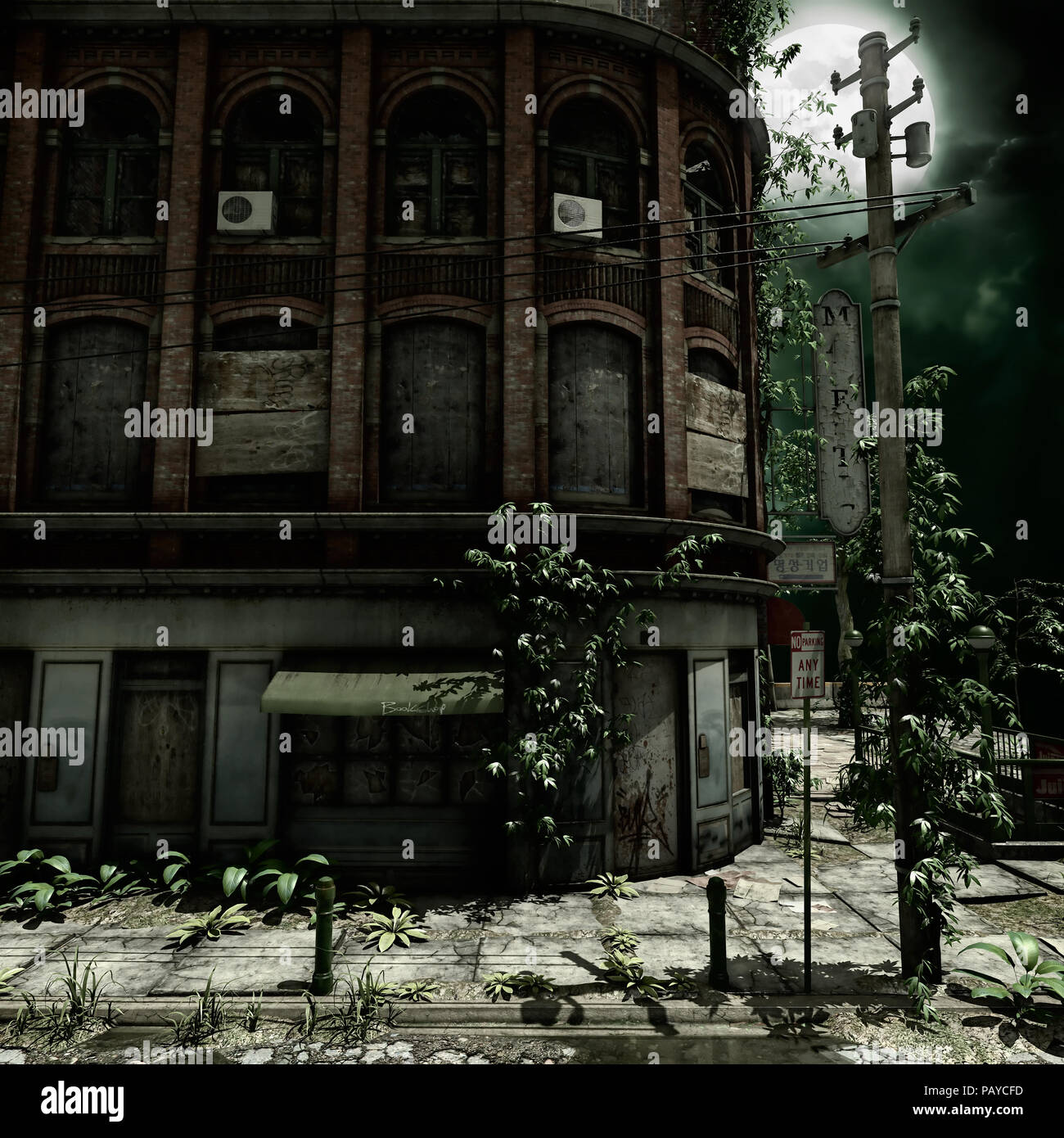 Abandoned building at night. 3D render Stock Photo - Alamy