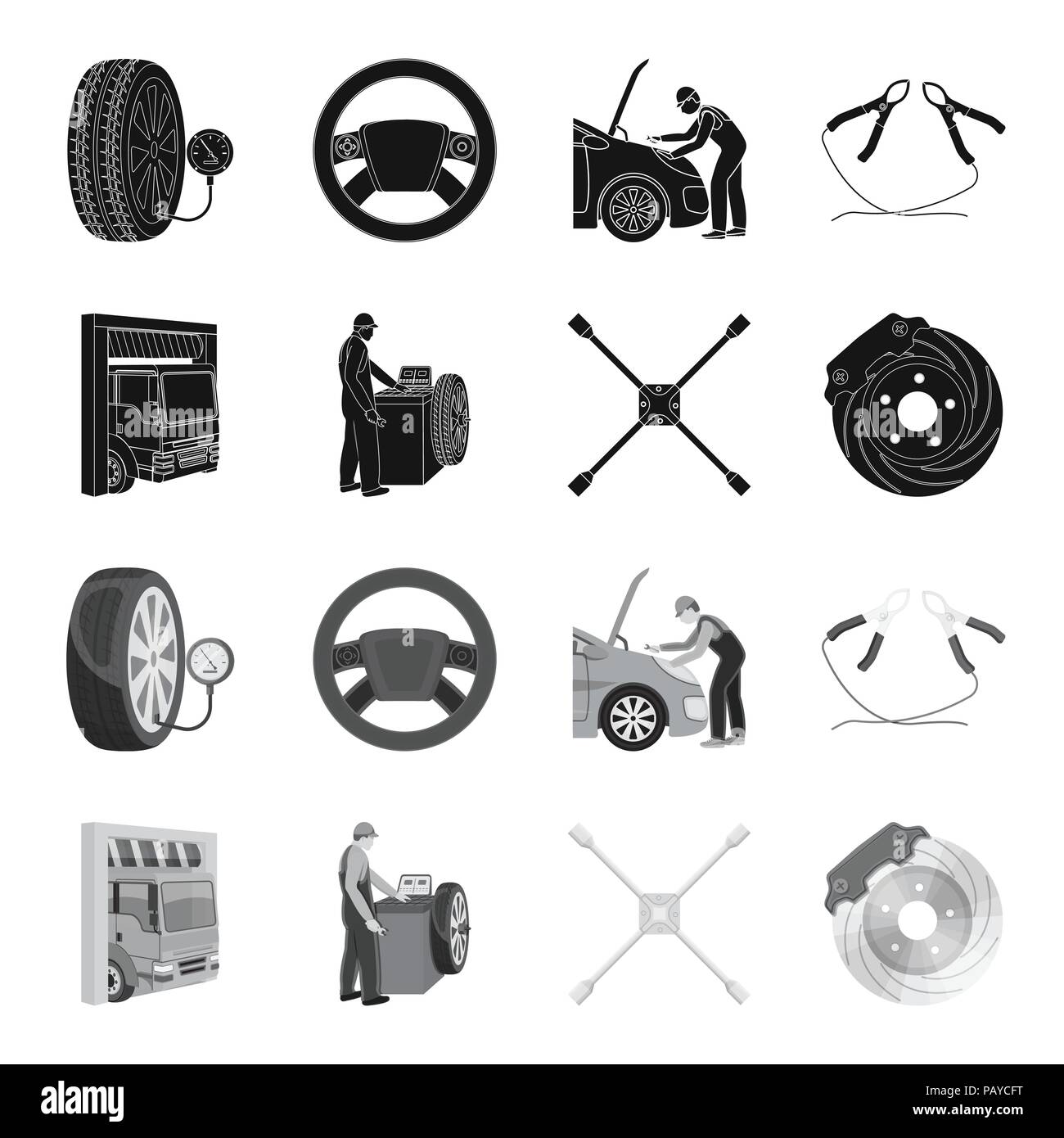 Wheel balancing, spanner and brake disc black,monochrome icons in set ...