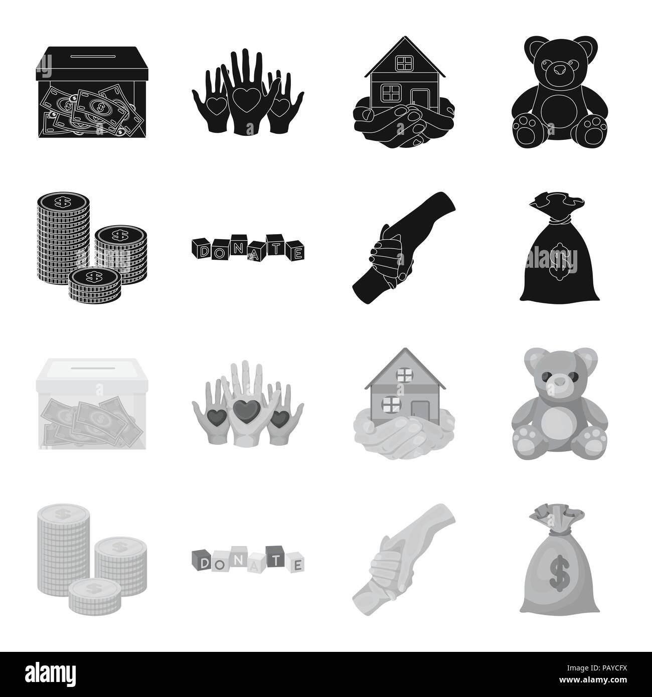 A pile of coins for donations, colored cubes with an inscription, a ...