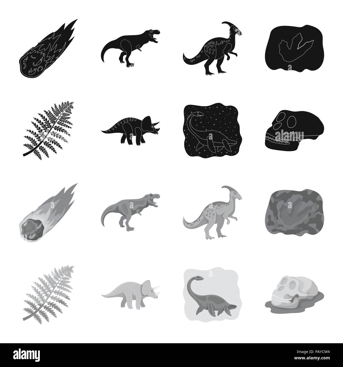 Sea dinosaur,triceratops, prehistoric plant, human skull. Dinosaur and ...