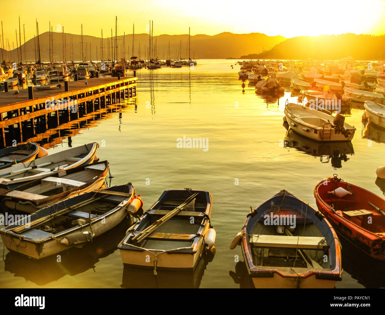 Gulf of Poets with sailing and motorboats at sunset light in Lerici ...