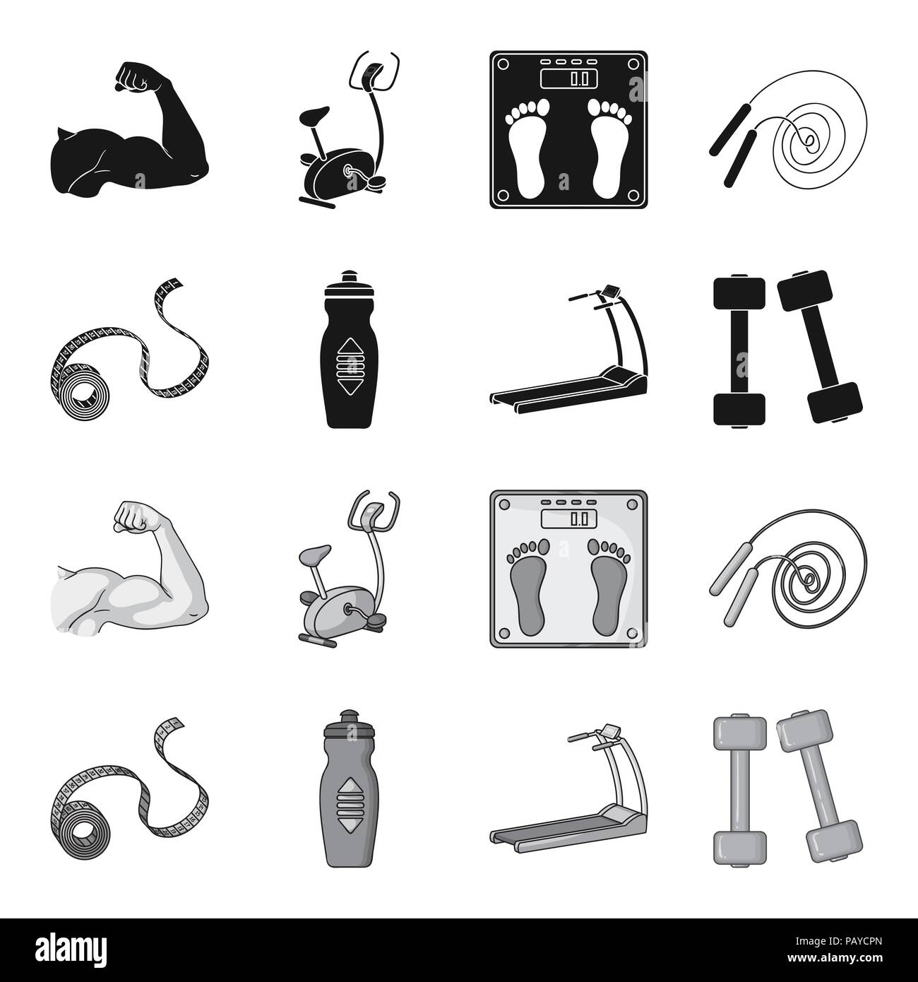 Measuring tape, water bottle, treadmill, dumbbells. Fitnes set ...