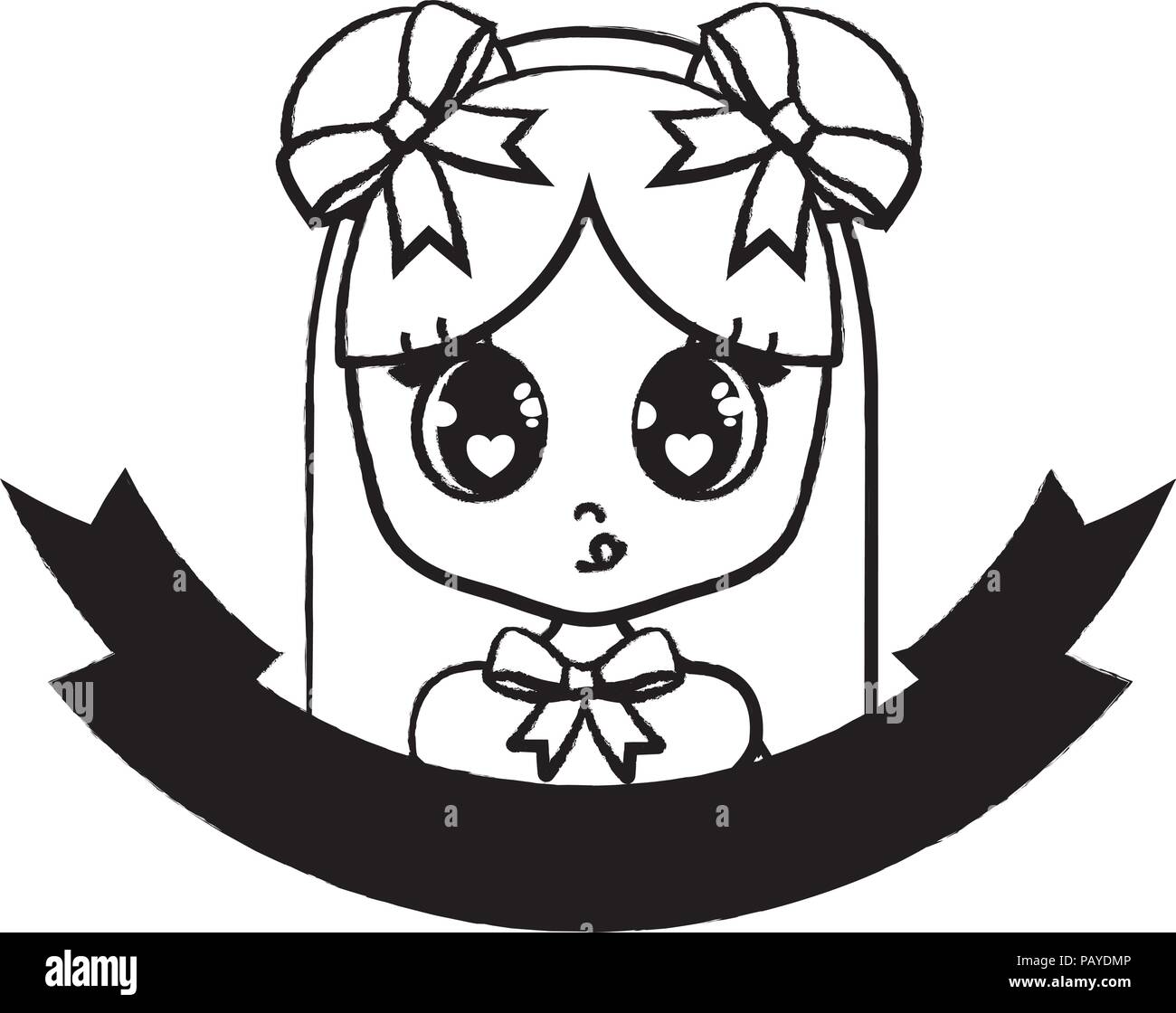 emblem with cute asian girl icon and decorative ribbon over white ...