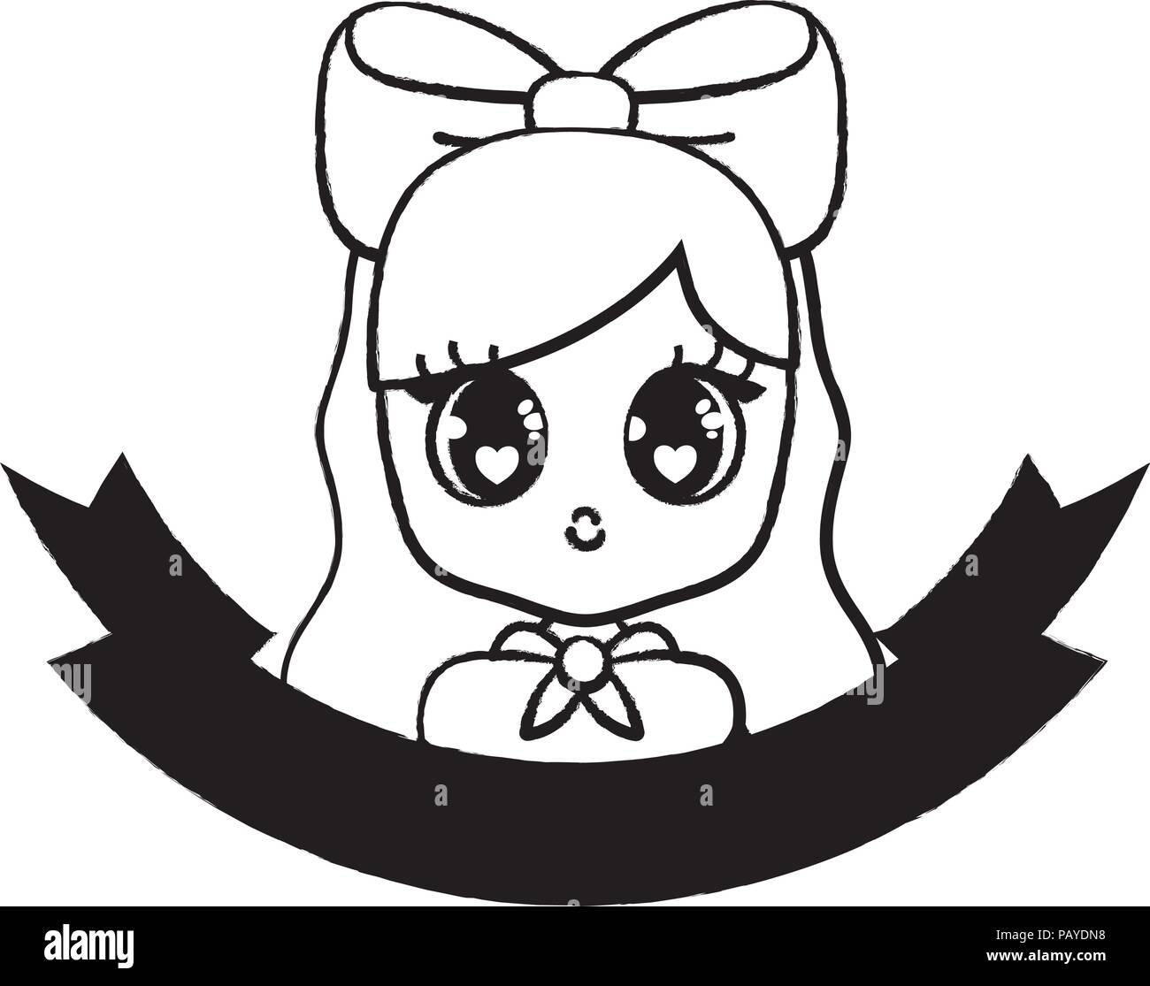 emblem with cute asian girl icon and decorative ribbon over white ...