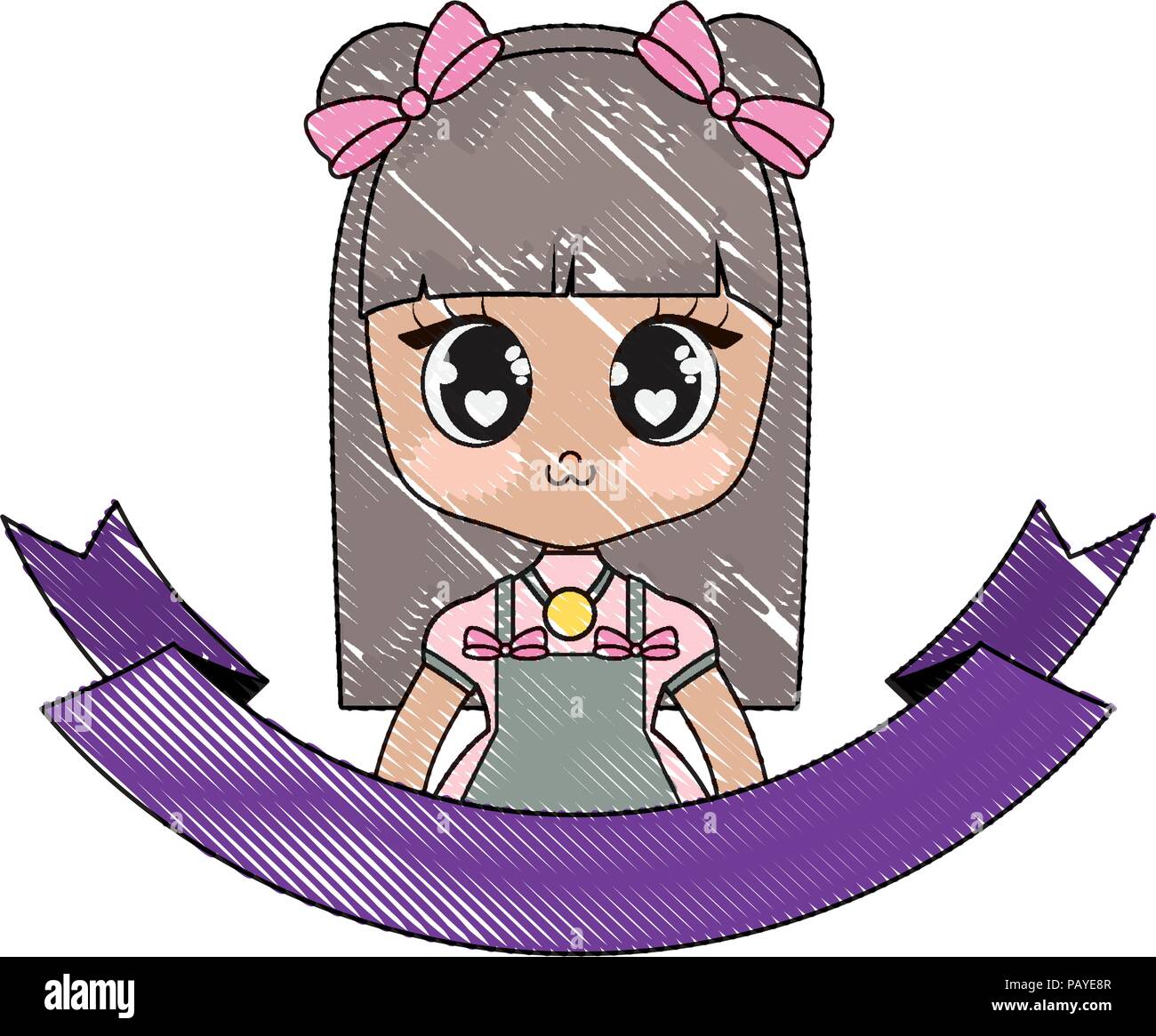 emblem with cute asian girl icon and decorative ribbon over white ...